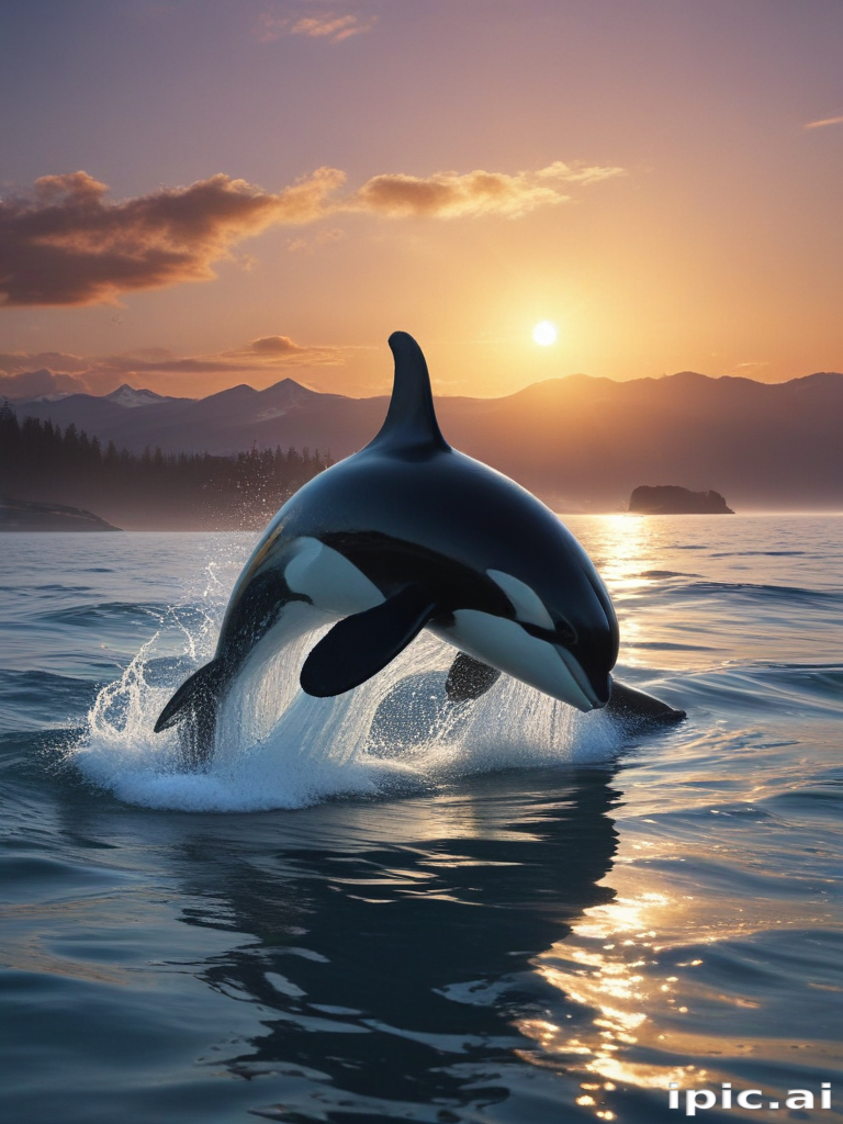 Majestic Orca Breaching the Surface Against a Stunning Sunset Background