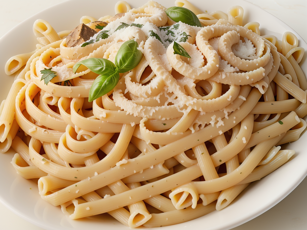 A Delicious Plate of Creamy Pasta with Cheese and Fresh Basil Garnish.