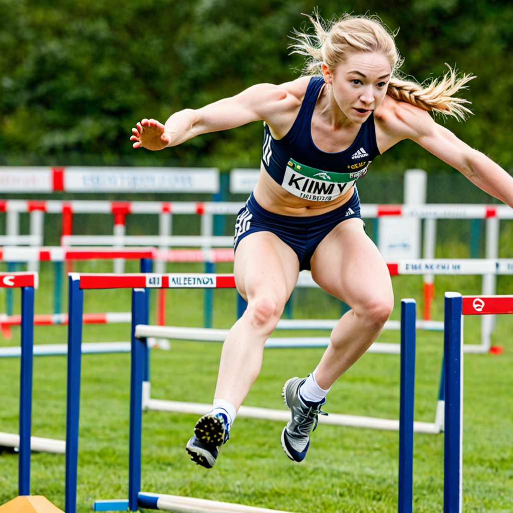 Emily Kinney jumping hurdles, view from side