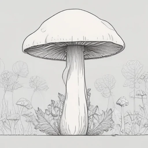 Illustration of a Large Mushroom Surrounded by Delicate Flora and Foliage
