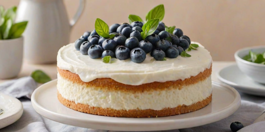 Delicious Layered Cake Topped with Fresh Blueberries and Mint Leaves
