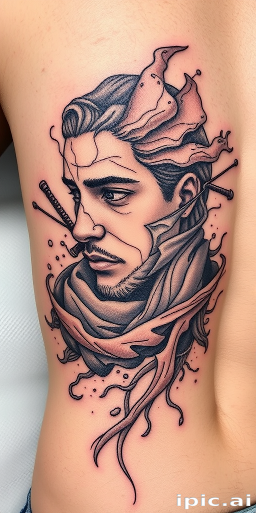Intricate Tattoo Design of a Warrior with a Mysterious Expression