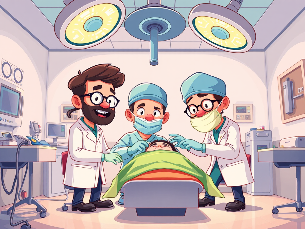 Three Cartoon Surgeons Collaborating in a Bright and Modern Operating Room