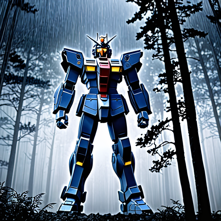 Real life Gundam, unknown planet, forest, trees, night time, liminal ...