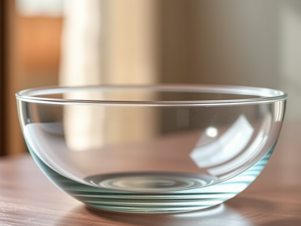 A Clear Glass Bowl Sitting on a Wooden Table in Soft Light.