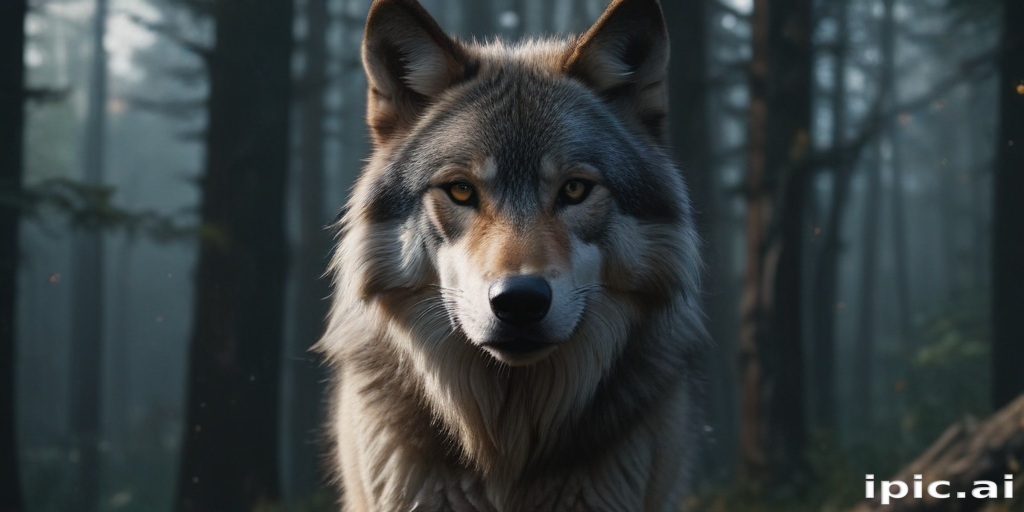 Majestic Wolf Staring Intently Amidst a Mysterious Forest Background