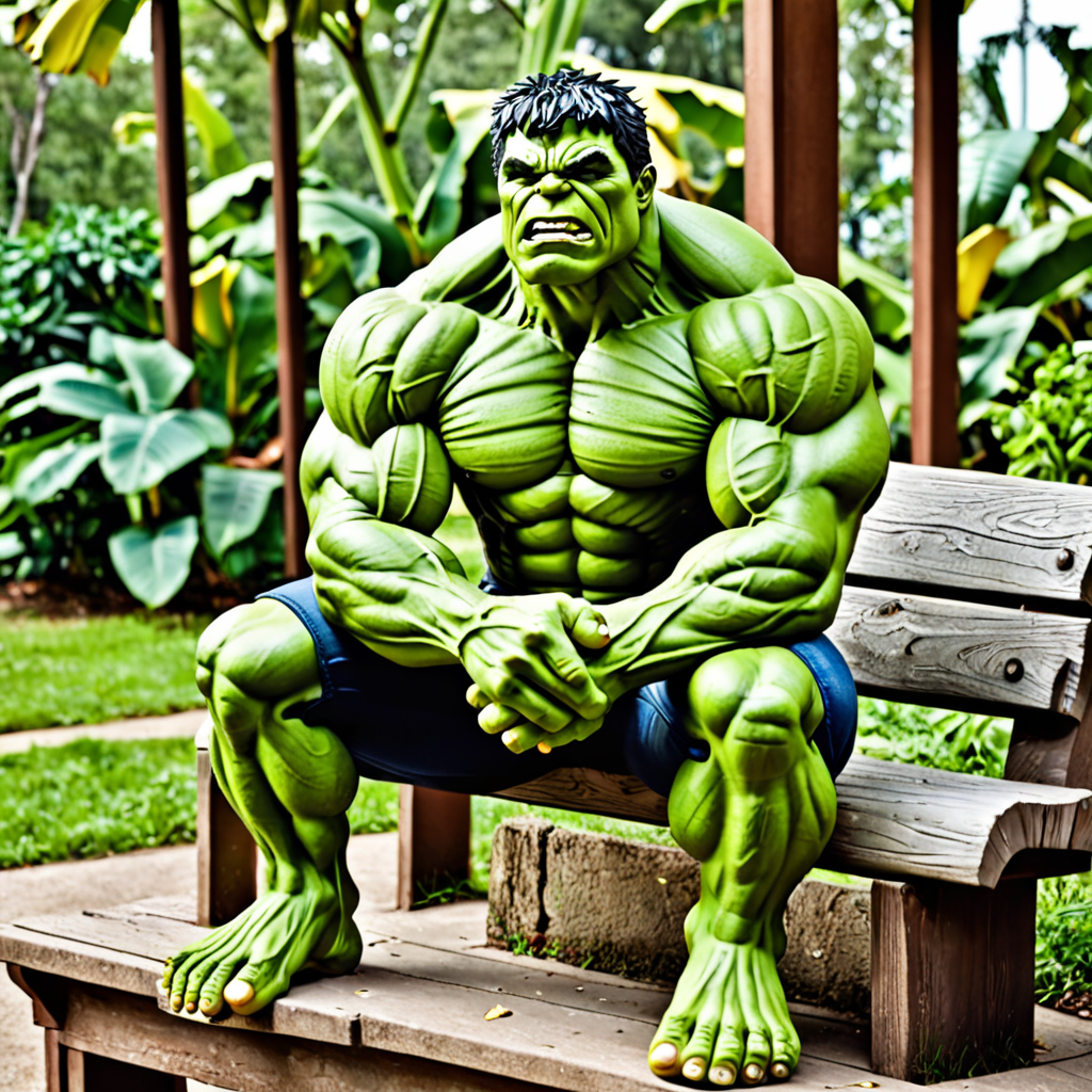 Hulk as giant and barefoot, sitting on bench step a banana