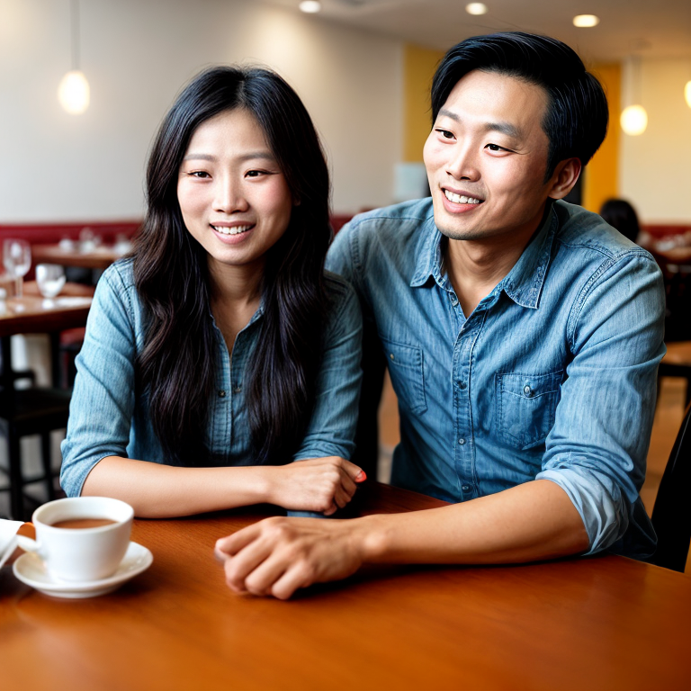 asian couple in restaurant, facing camera, makeup