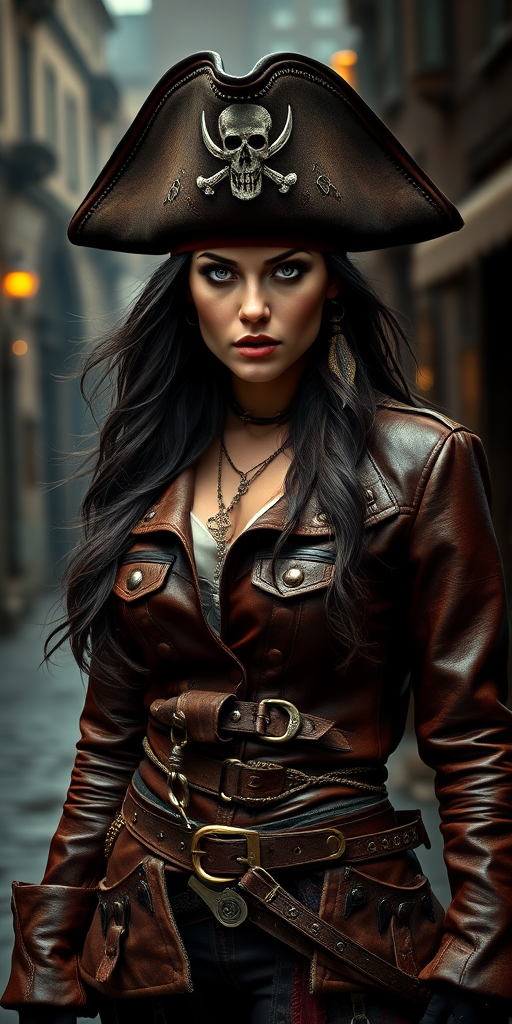Fearless Female Pirate Stands Boldly in a Foggy Urban Alleyway