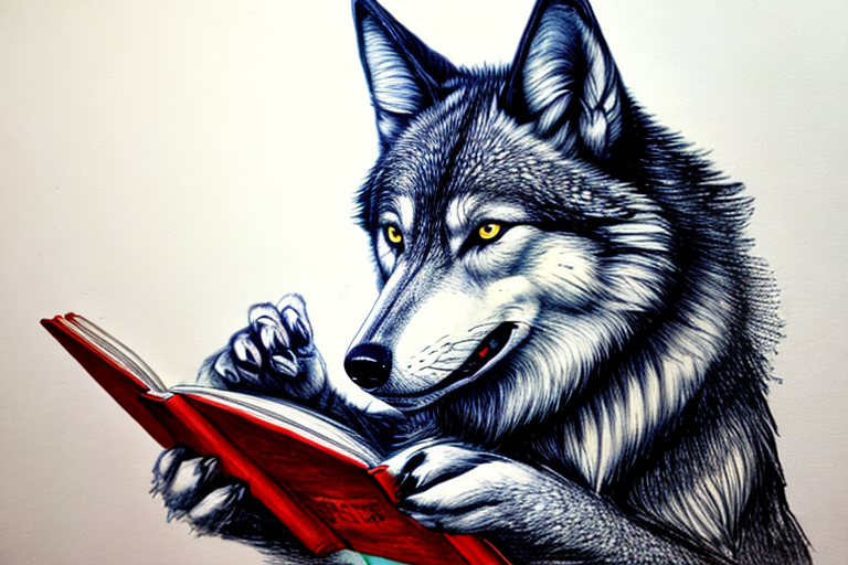 a drawing of a wolf reading a book, he is sitted.