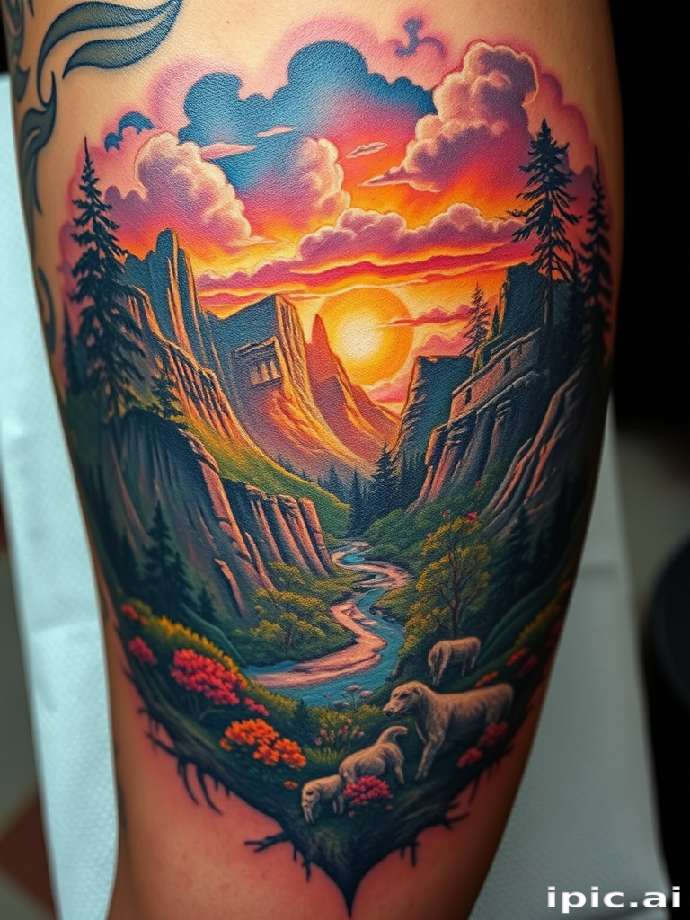 Vibrant Landscape Tattoo Featuring Mountains, Sunset, and Grazing Animals