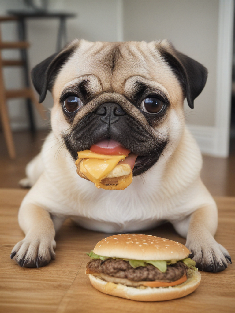 a pug eating a cheeseburger