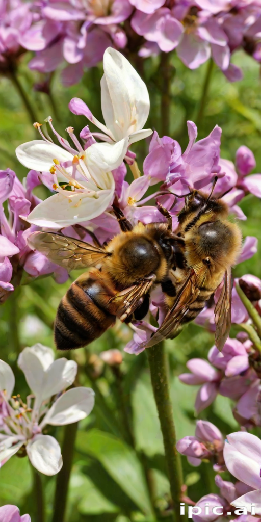 Busy Bees Pollinating Vibrant Flowers in a Colorful Spring Garden Scene