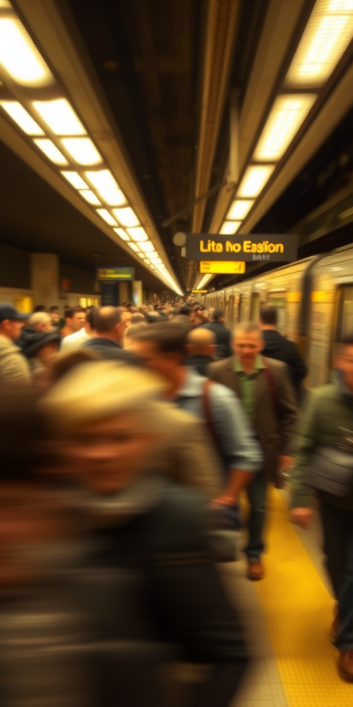 Busy Subway Station Filled with Commuters During Rush Hour in City