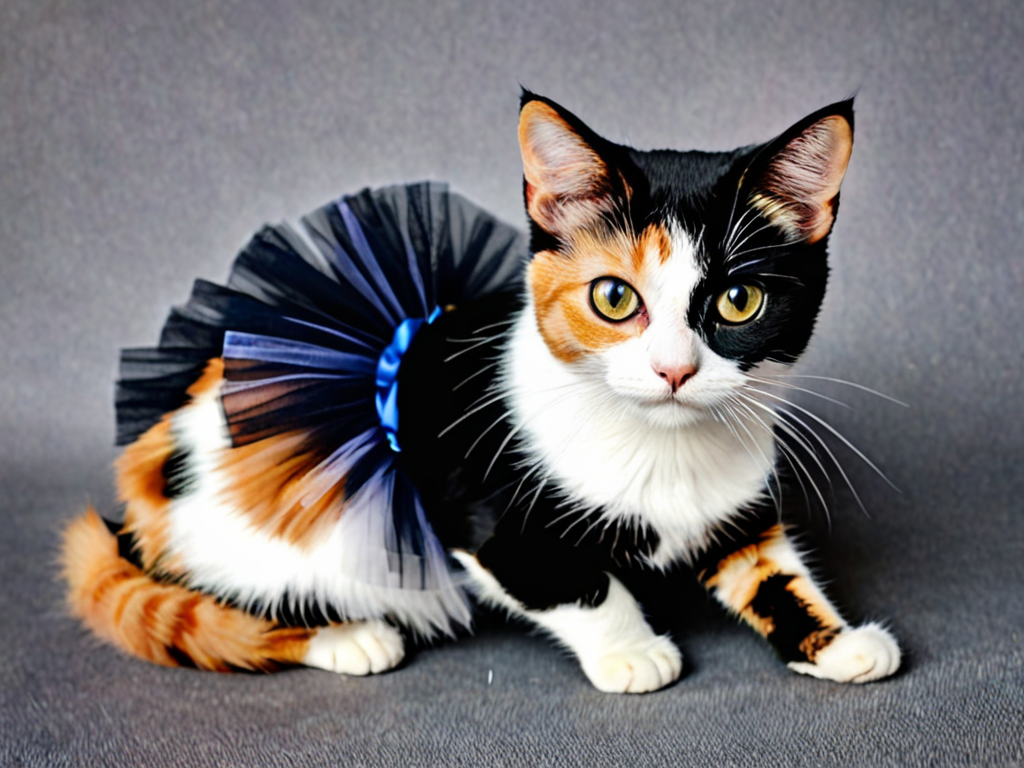 Short haired Calico cat in a black tutu