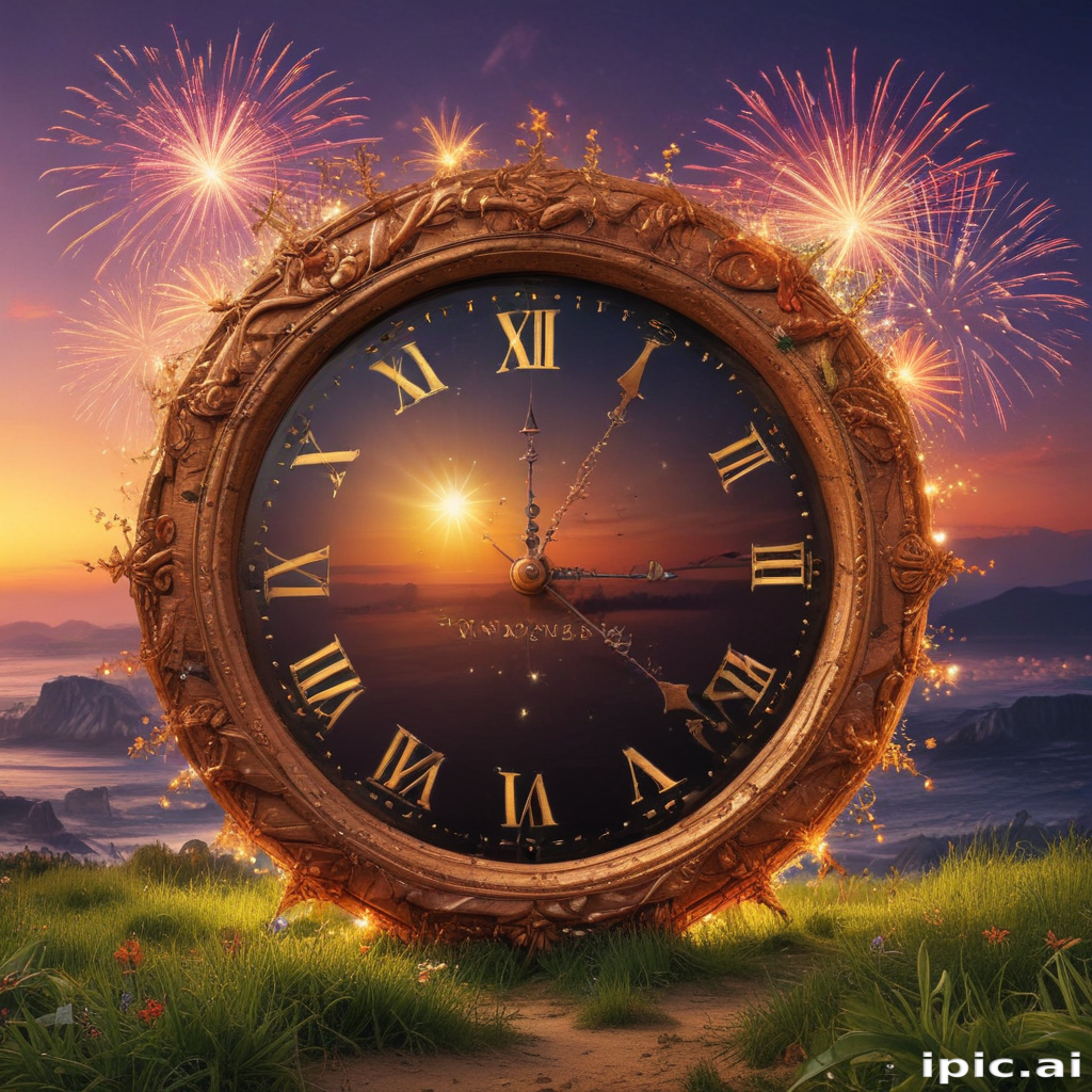 Magical Clock Surrounded by Fireworks at Sunset Over a Serene Landscape