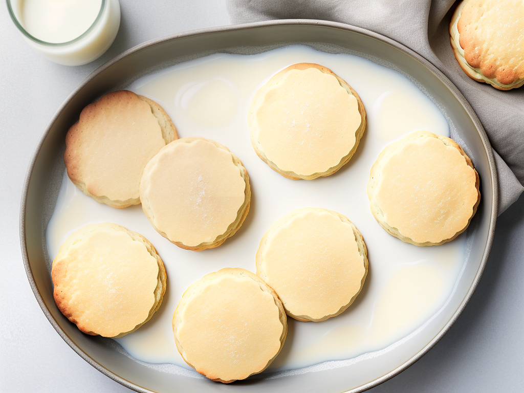 Deliciously Baked Biscuits Soaking in Creamy Milk on a Tray