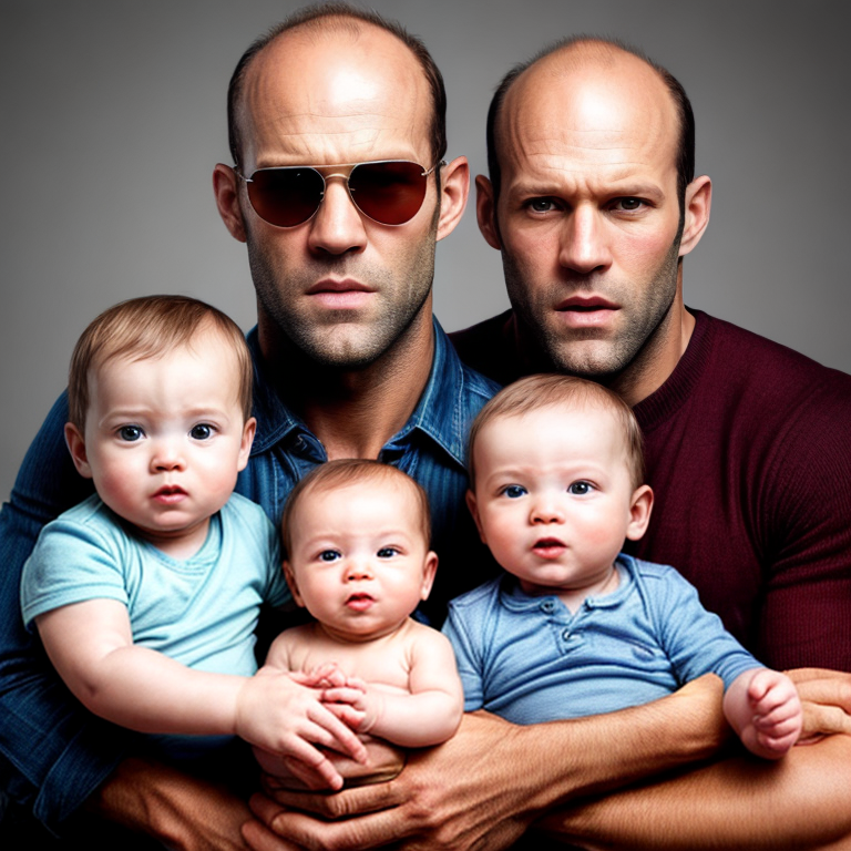 Baby with exact Jason Statham face and two men all with faces of Jason ...