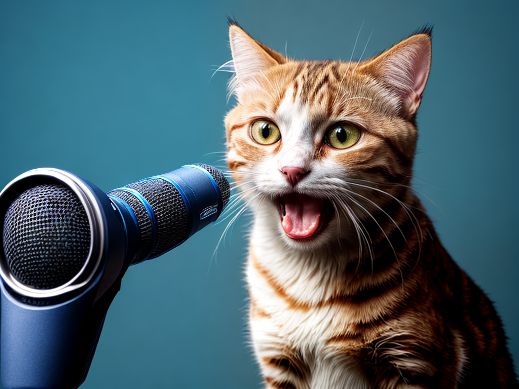 Cat with twisted open mouth holding a microphone