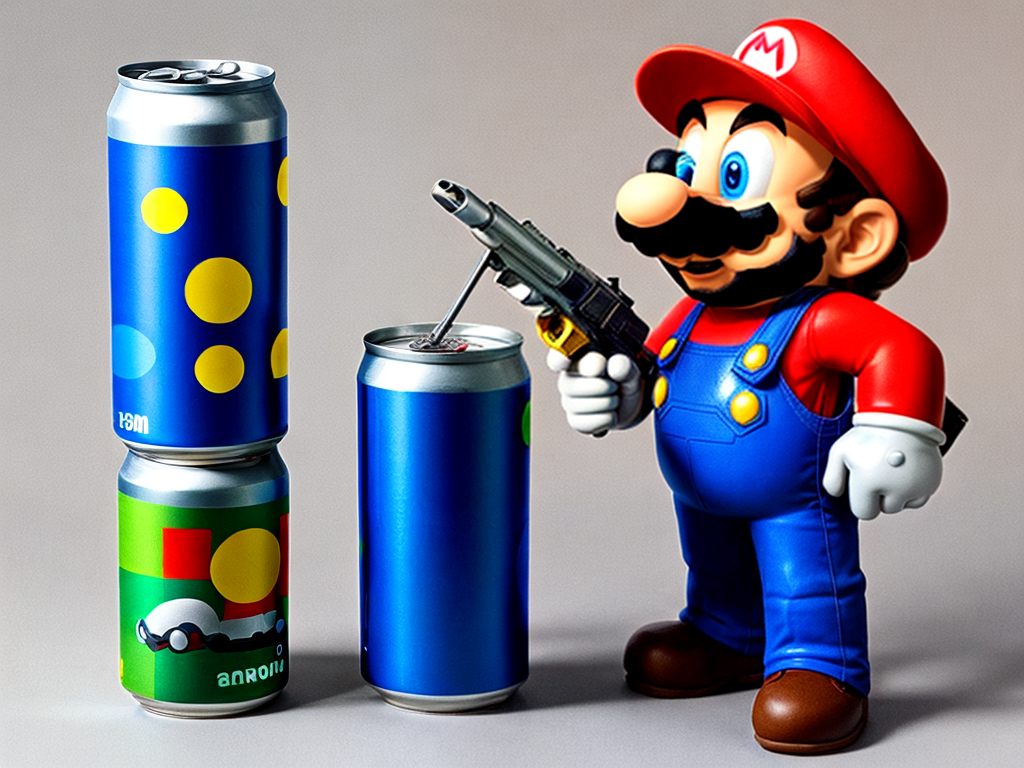 mario points his shootgun Man in a can