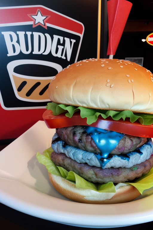 Colorful Gourmet Burger with Unique Blue Sauce and Fresh Ingredients