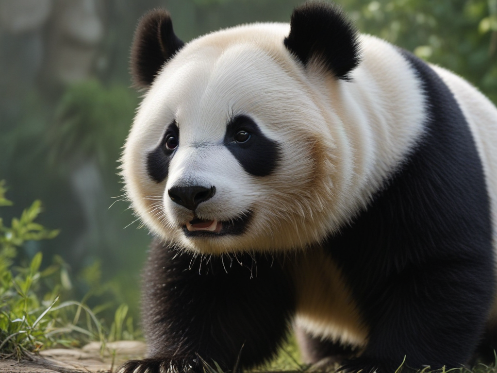 A Playful Panda Exploring Its Lush Green Habitat with Curiosity and Joy.