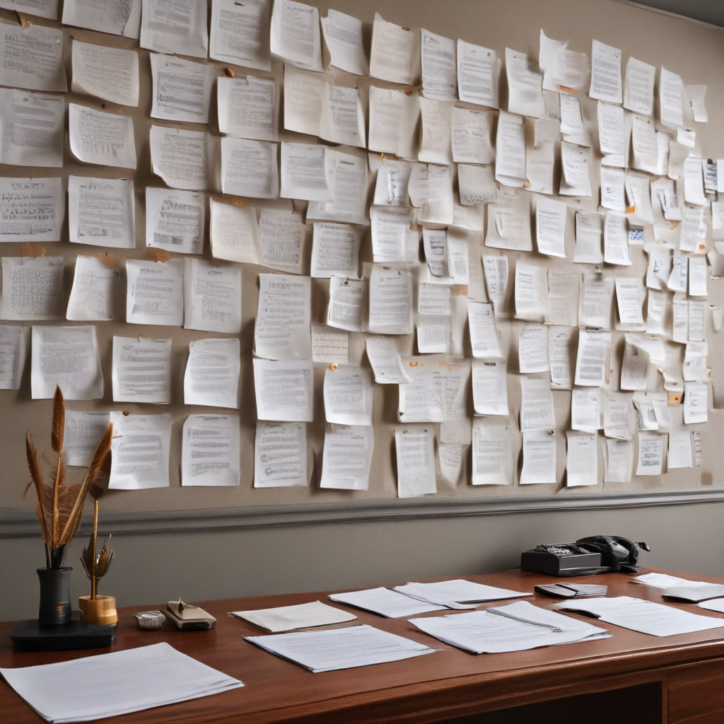 a wall of a fancy rich office with papers, a quill and no people
