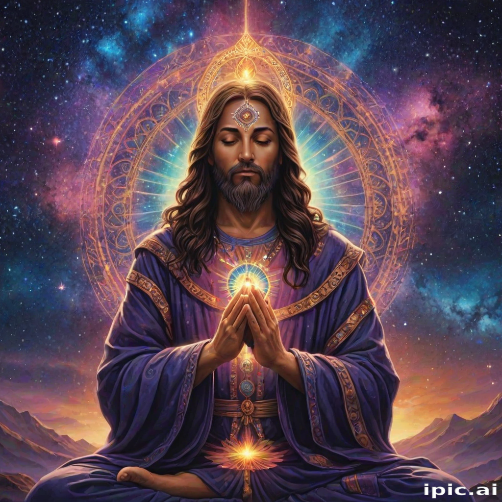 Spiritual Meditation: A Mystic Figure in Cosmic Harmony and Enlightenment