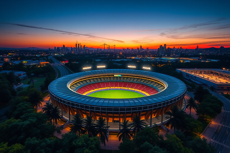 Stunning Aerial View of a Stadium at Sunset with City Skyline