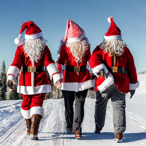 santa with elves and reindeer exercising in north pole