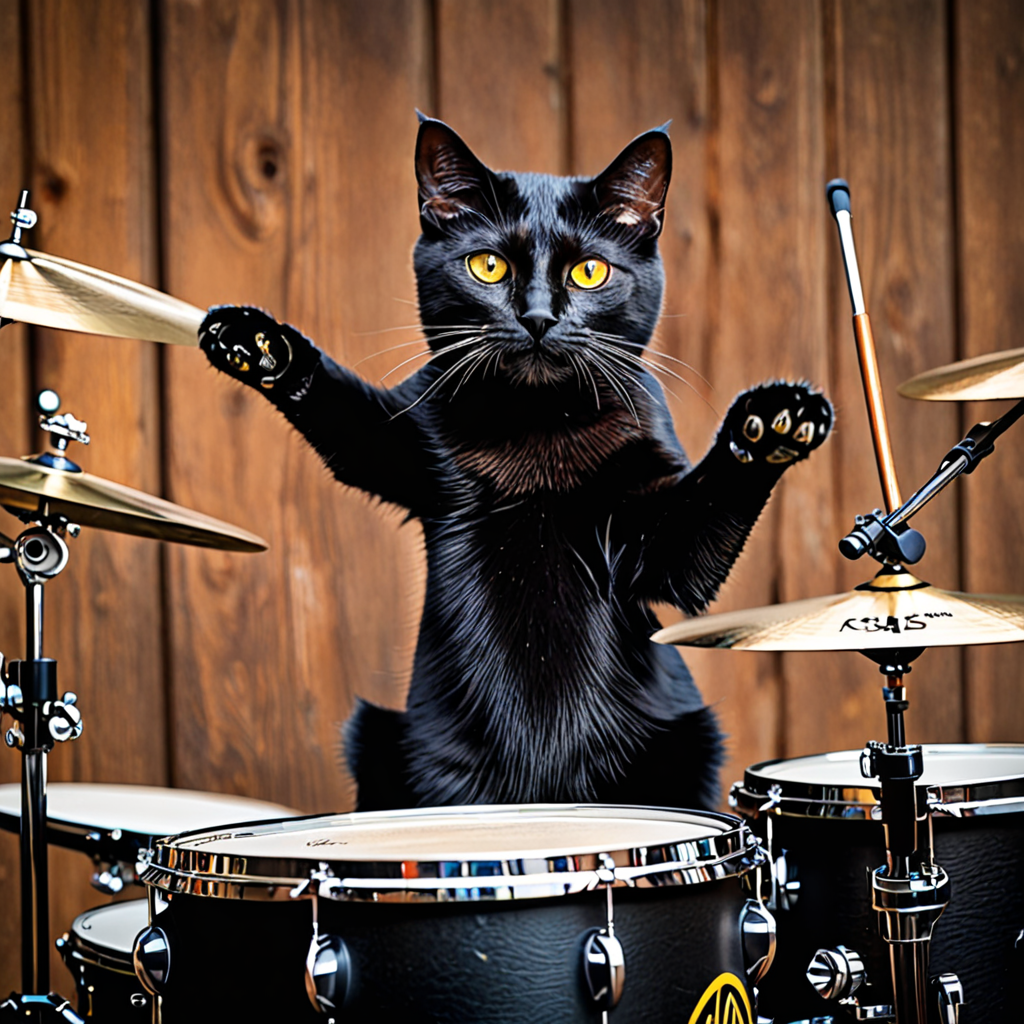 Nelson the black cat with yellow eyes playing the drums with his paws