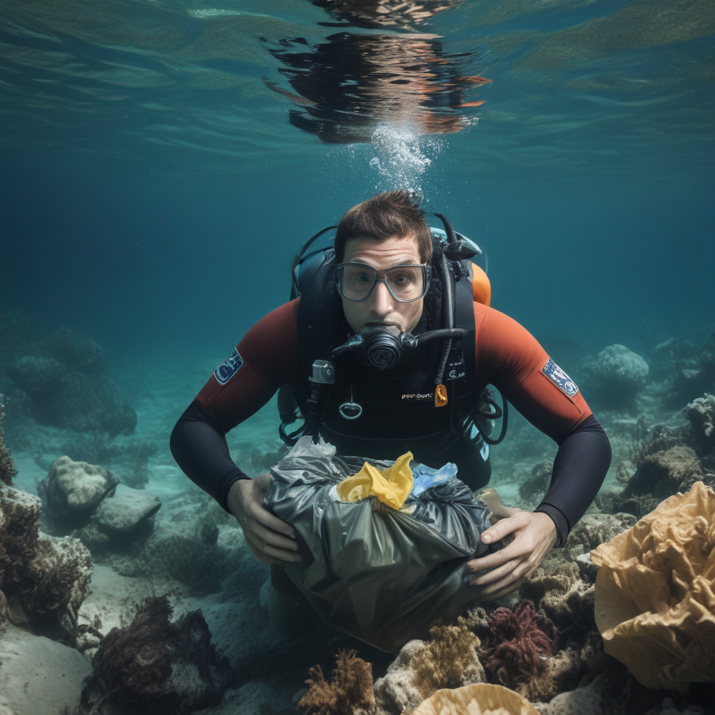 a man in scuba underwater taking out the trash