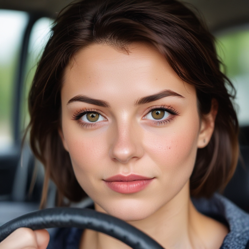 woman driving a car, front view