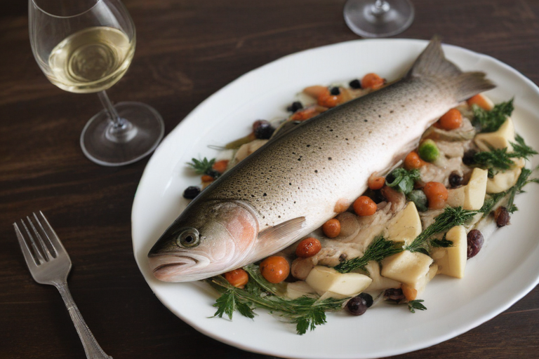 cooked trout and wine