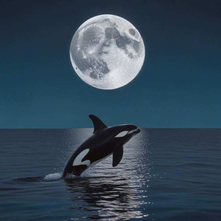 an orca whale swimming in an aqua blue night ocean, and full moon in ...
