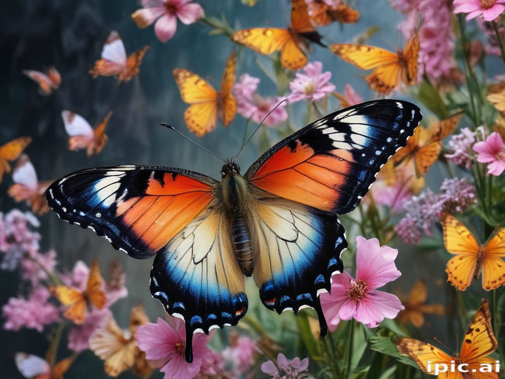 A Vibrant Butterfly Surrounded by a Colorful Garden of Blossoming Flowers