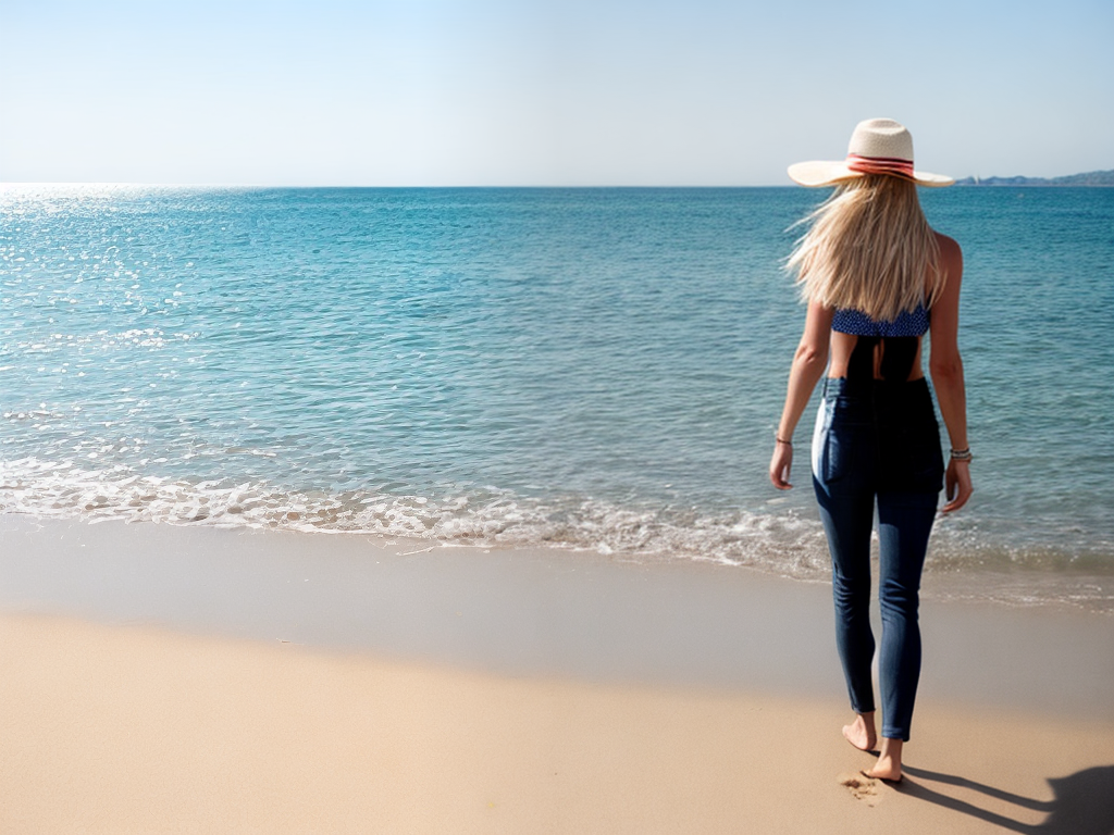 A beautiful blonde walking down a sunny beach alone.
