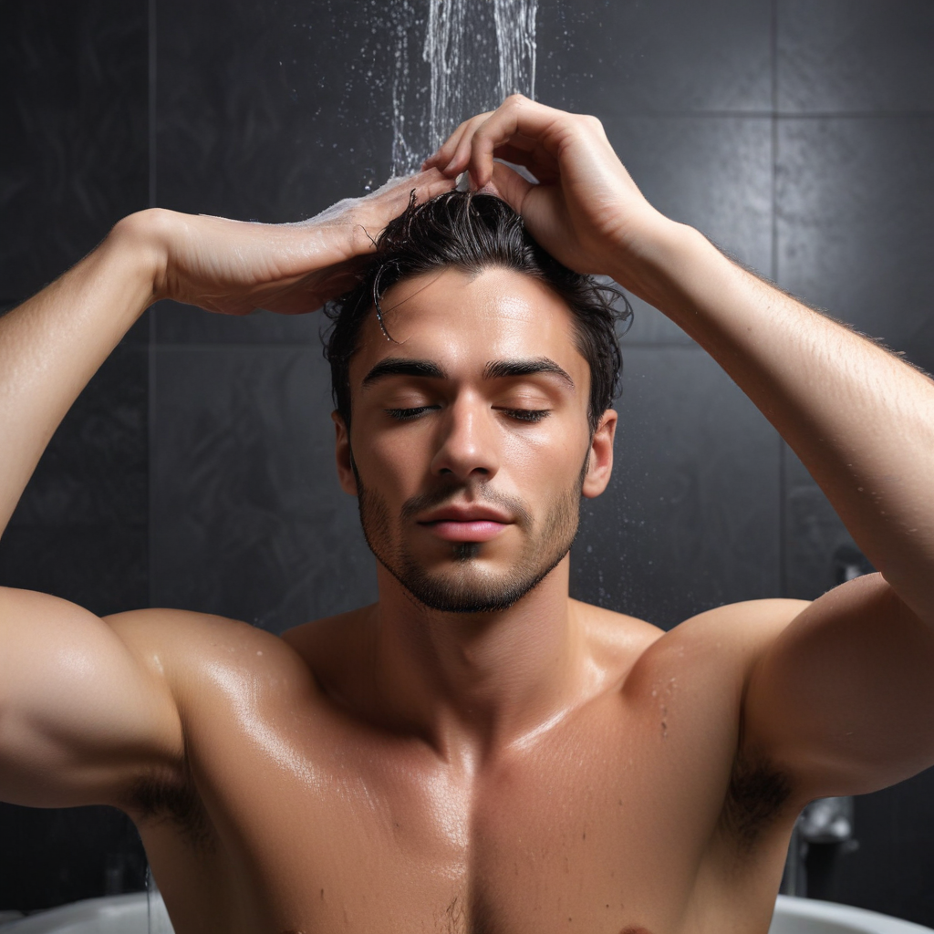 a muscular man washing himself in a black luxury bathroom, there's a ...