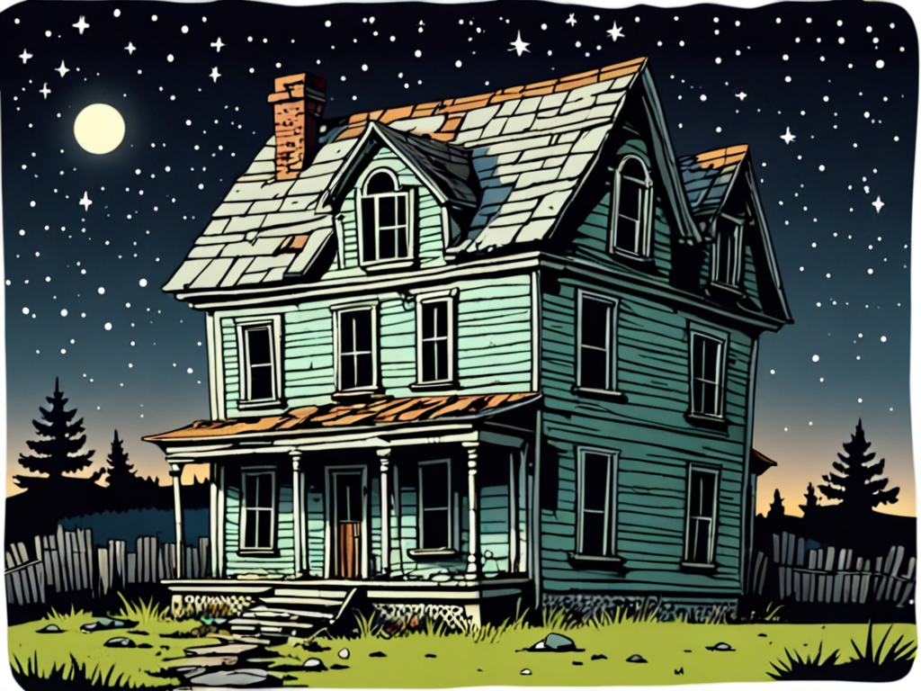 An old abandoned house falling apart at night. Cartoon style.