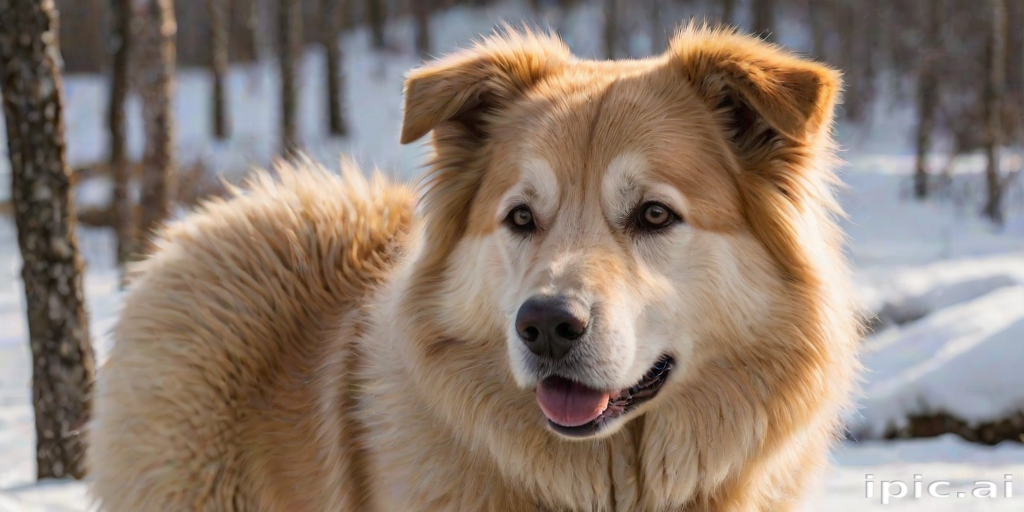 A Beautiful Golden Dog Enjoying a Winter Day in the Snowy Forest.