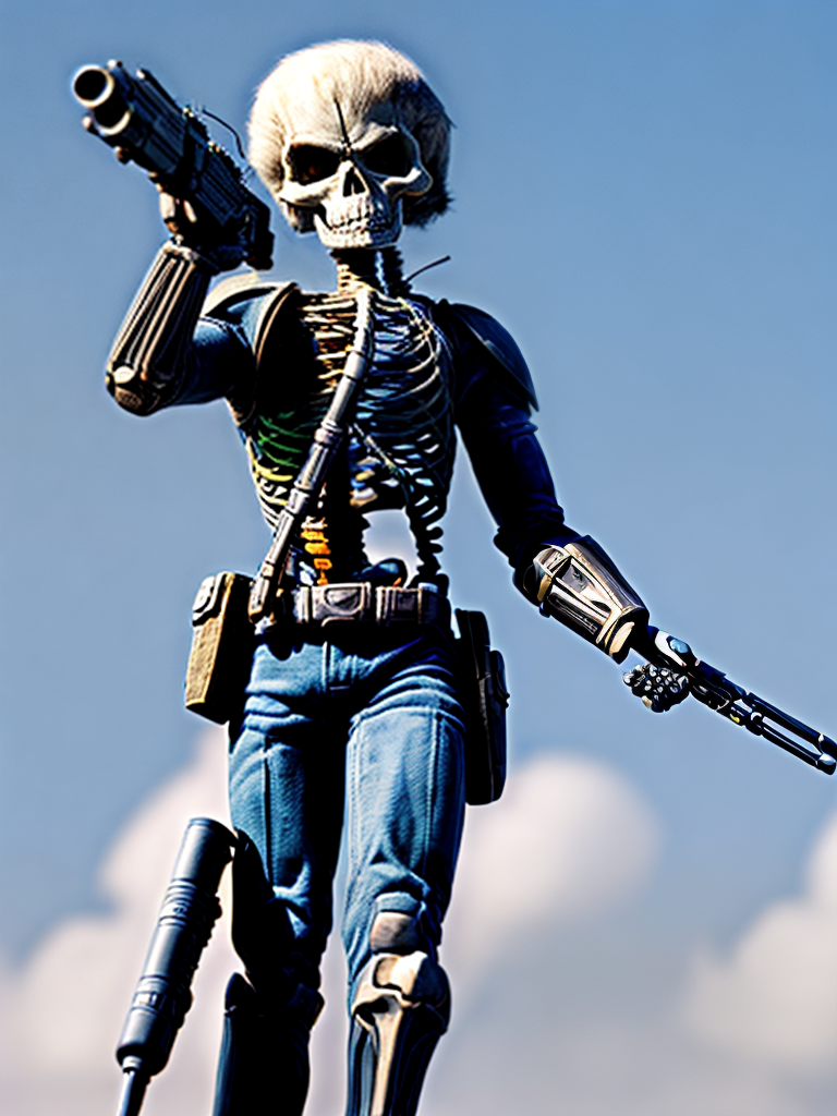 skeleton in the clouds with a gun that shoots darts in his hands.