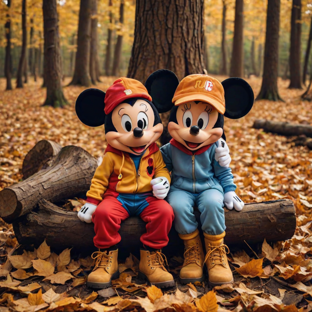 Two Adorable Mickey and Minnie Mouse Characters Enjoying Autumn in a Forest