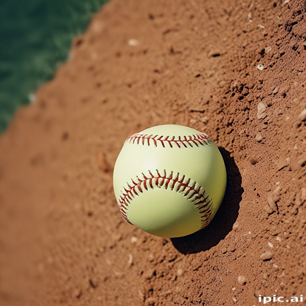 Close-Up View of a Yellow Baseball Resting on the Infield Dirt