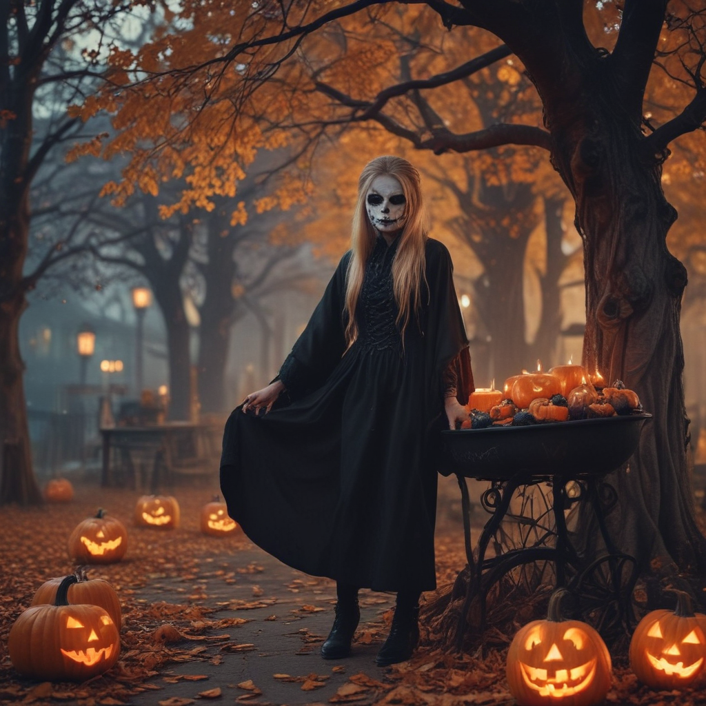 Eerie Autumn Night with a Mysterious Figure Among Glowing Pumpkins