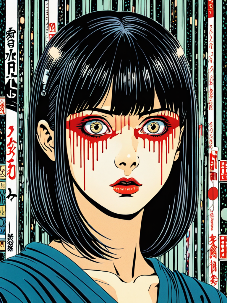 sci-fi, tomie, curtain bangs, cyberpunk, junji ito