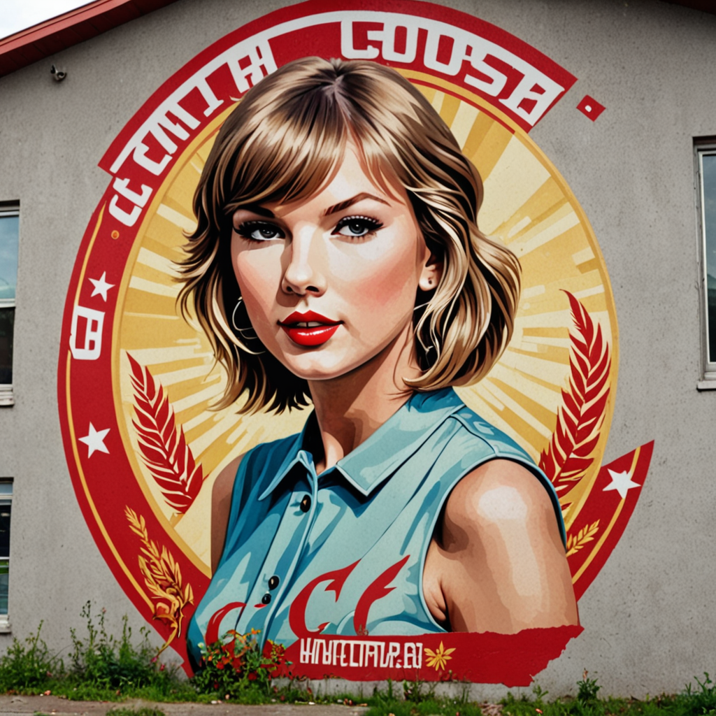 CCCP harvest propaganda style building mural featuring Taylor Swift