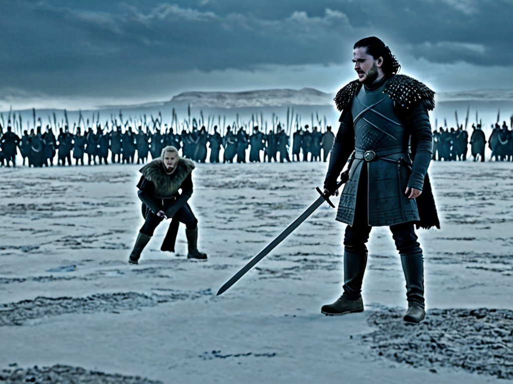 Project a scene of Jon Snow facing the Night King in a showdown on the ...