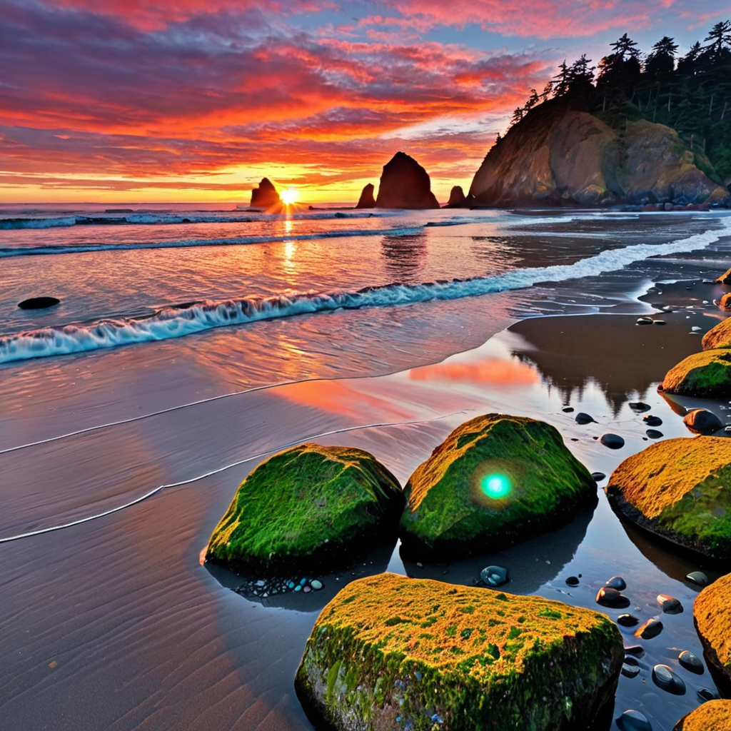 a stony pacific northwest beach with haystack rocks and a bright ...