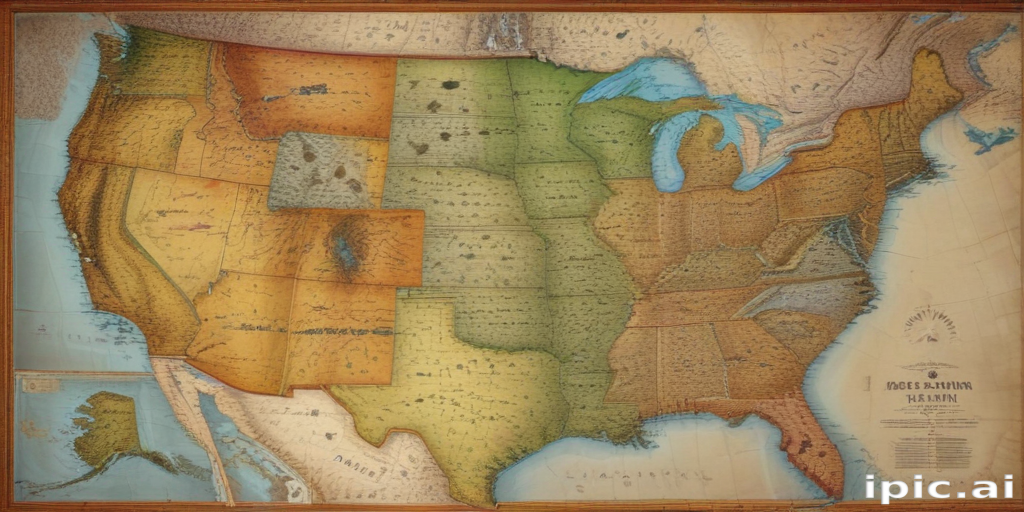 Historic Map of the United States Highlighting States and Geographic ...