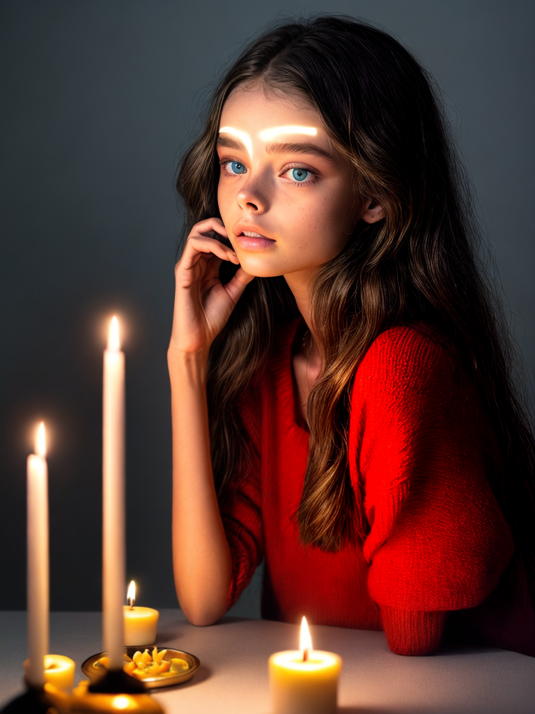 Meika woollard with makeup in a dark room, lit by candles, warm glow on ...